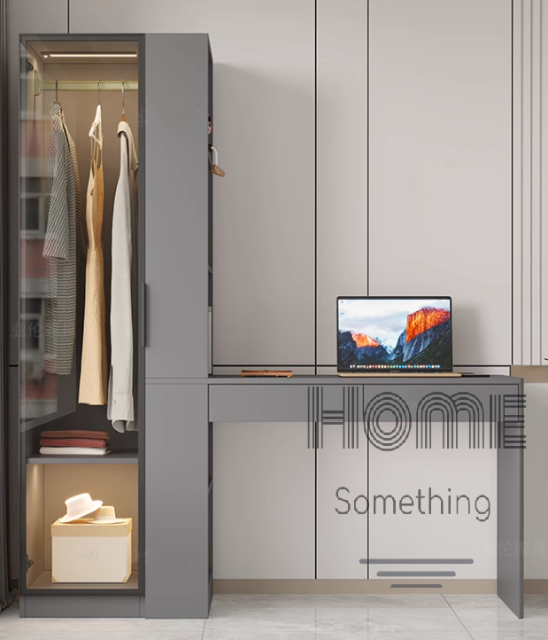 HOME Something | Modern integrated glass wardrobe with corner desk and ...