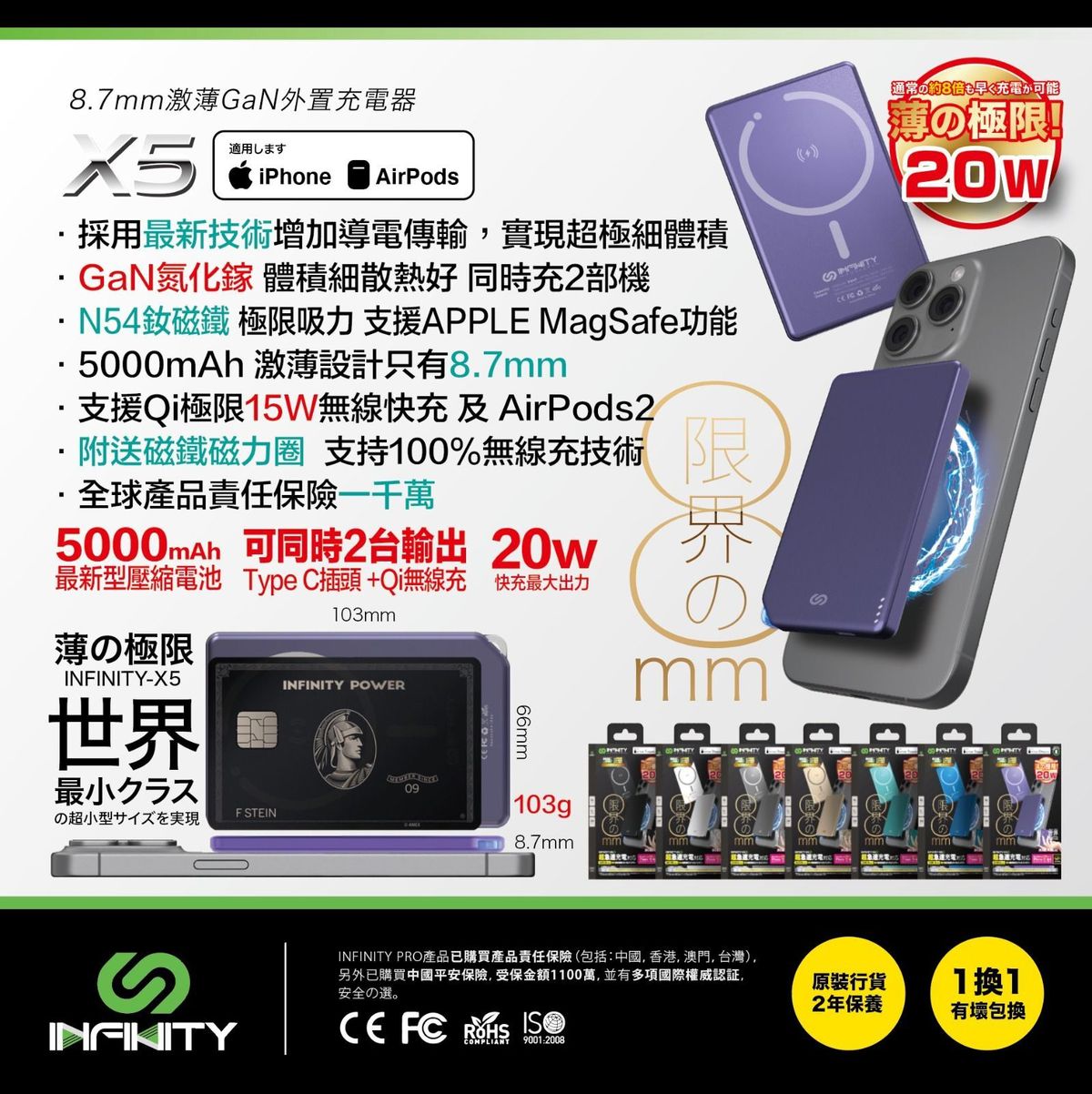 Infinity | 全港最薄8mm GaN充電器：INFINITY X5 薄の極限 5000mah 充電寶 無線充電寶 尿袋 超薄超輕 -白 ...