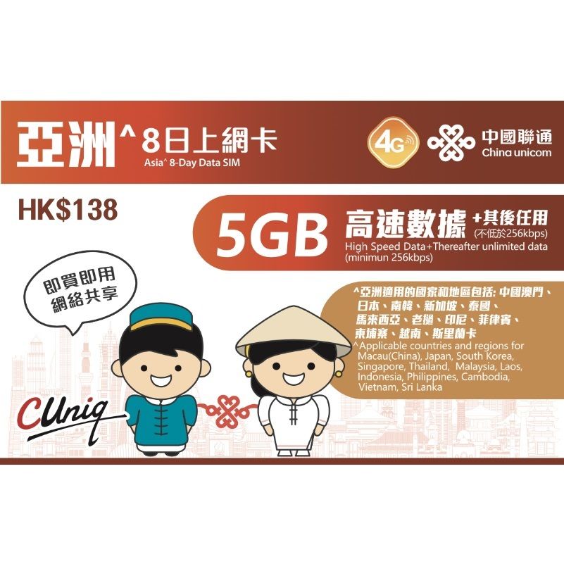 中國聯通 | 【亞洲】8日 (首5GB高速數據) 4G/3G 無限 上網卡 數據卡 香港行貨 | HKTVmall 香港最大網購平台