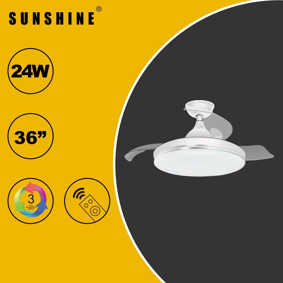 SUNSHINE | CFCW-24W LED 24W 36 Reversable Retractable Blades Ceiling ...