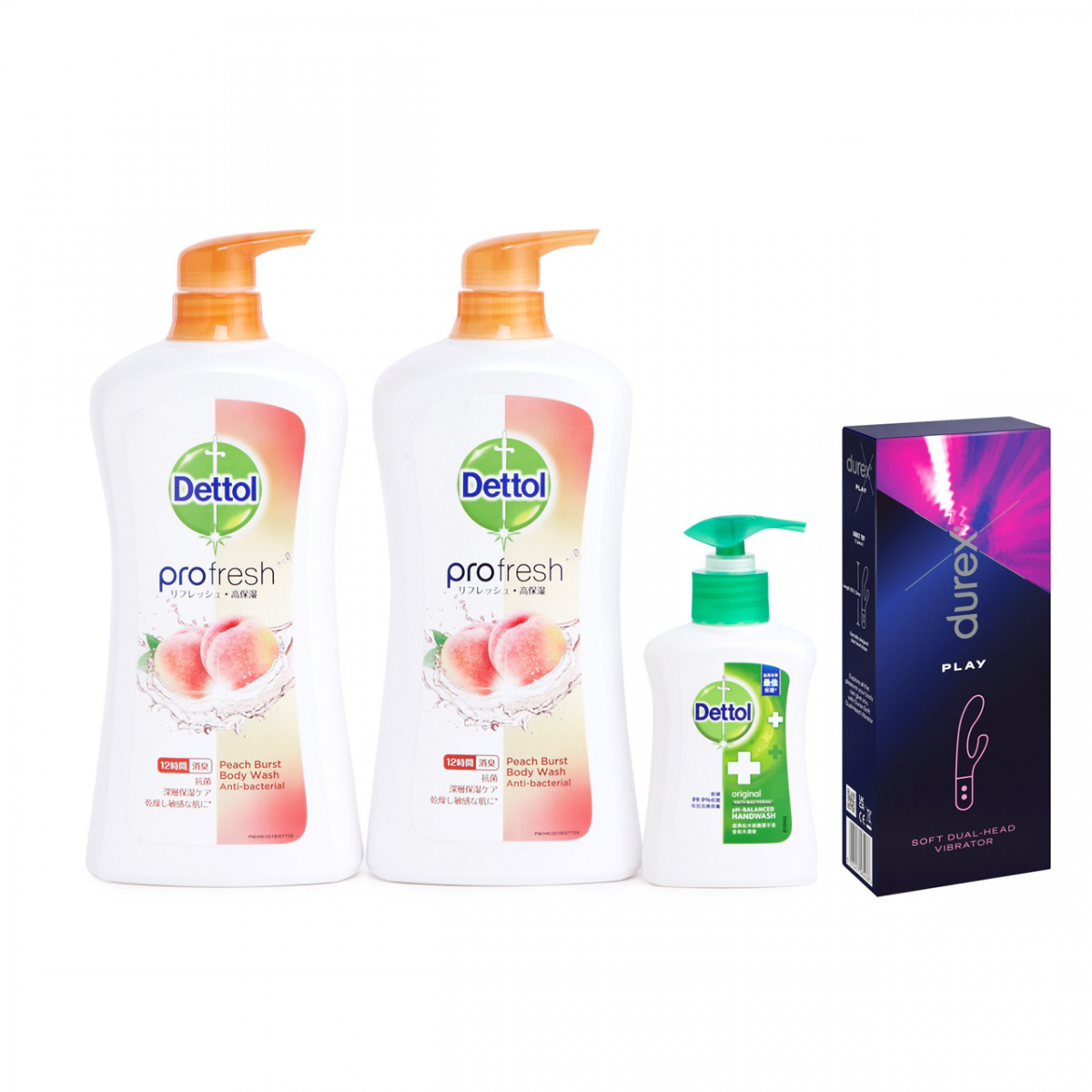 滴露/杜蕾斯 | [優惠裝] 杜蕾斯柔軟雙頭震動按摩棒 (女士入門震動按摩自慰棒)+滴露Profresh清爽保濕沐浴露水感蜜桃孖裝 + 經典松木殺菌潔手液 | HKTVmall 香港最大網購平台
