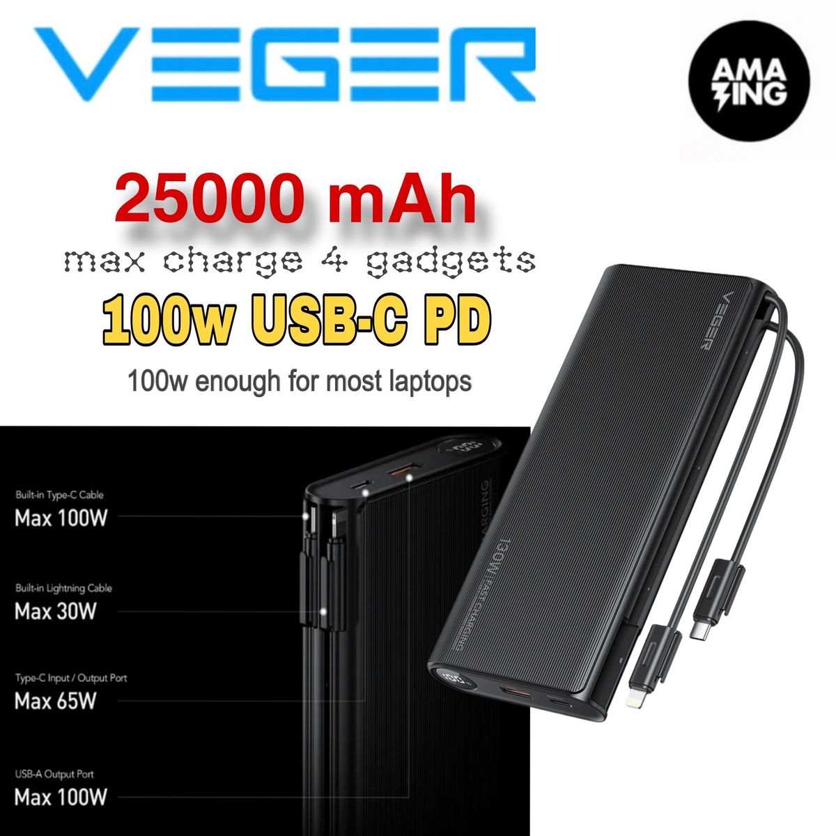 VEGER | MegaBoost 超高速快充移動電源 PD 130W | HKTVmall 香港最大網購平台