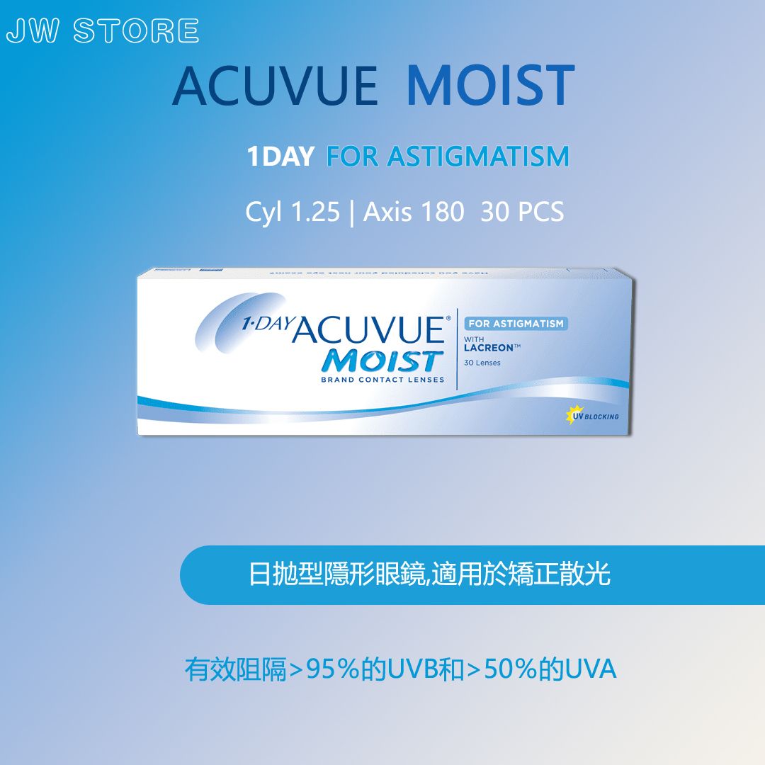 ACUVUE | (P:-1.00 Cyl -1.25 Axis 180) 日拋散光隱形眼鏡 1-Day Acuvue Moist for ...