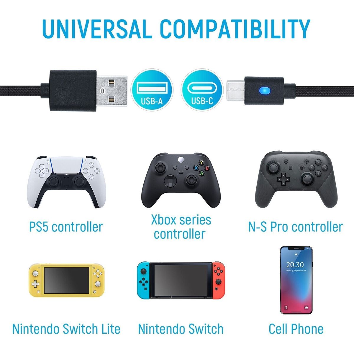 DOBE | PS5/ PS4/ Switch/ Xbox/ PC 兼用 USB-TYPE C Charing Cable 充電線連電源指示燈 ...