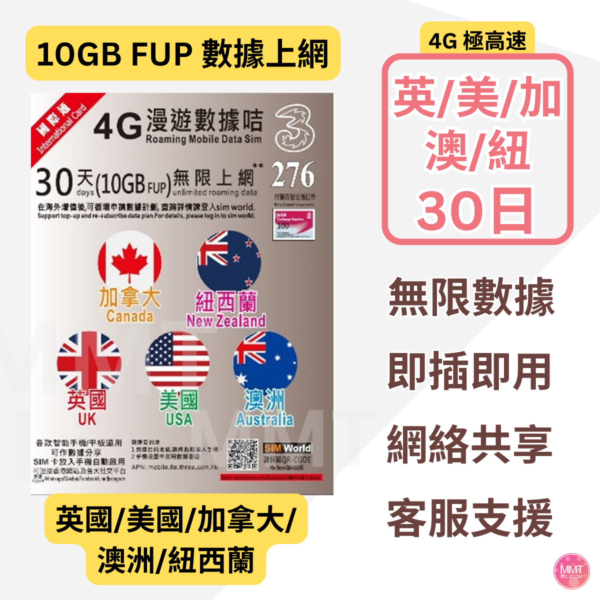 3香港 | 英國/ 美國/ 加拿大/ 澳洲/ 新西蘭【30日 10GB FUP】4G極高速 漫遊無限數據卡 上網卡 電話卡 旅行電話咭 Data Sim咭 | HKTVmall 香港最大網購平台