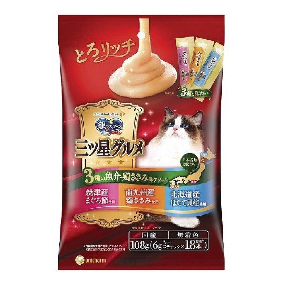 unicharm | Unicharm 貓零食 日本三星銀匙肉泥餐包 金槍魚+雞肉+扇貝 108g (6g*18個入) (平行進口貨) | HKTVmall 香港最大網購平台