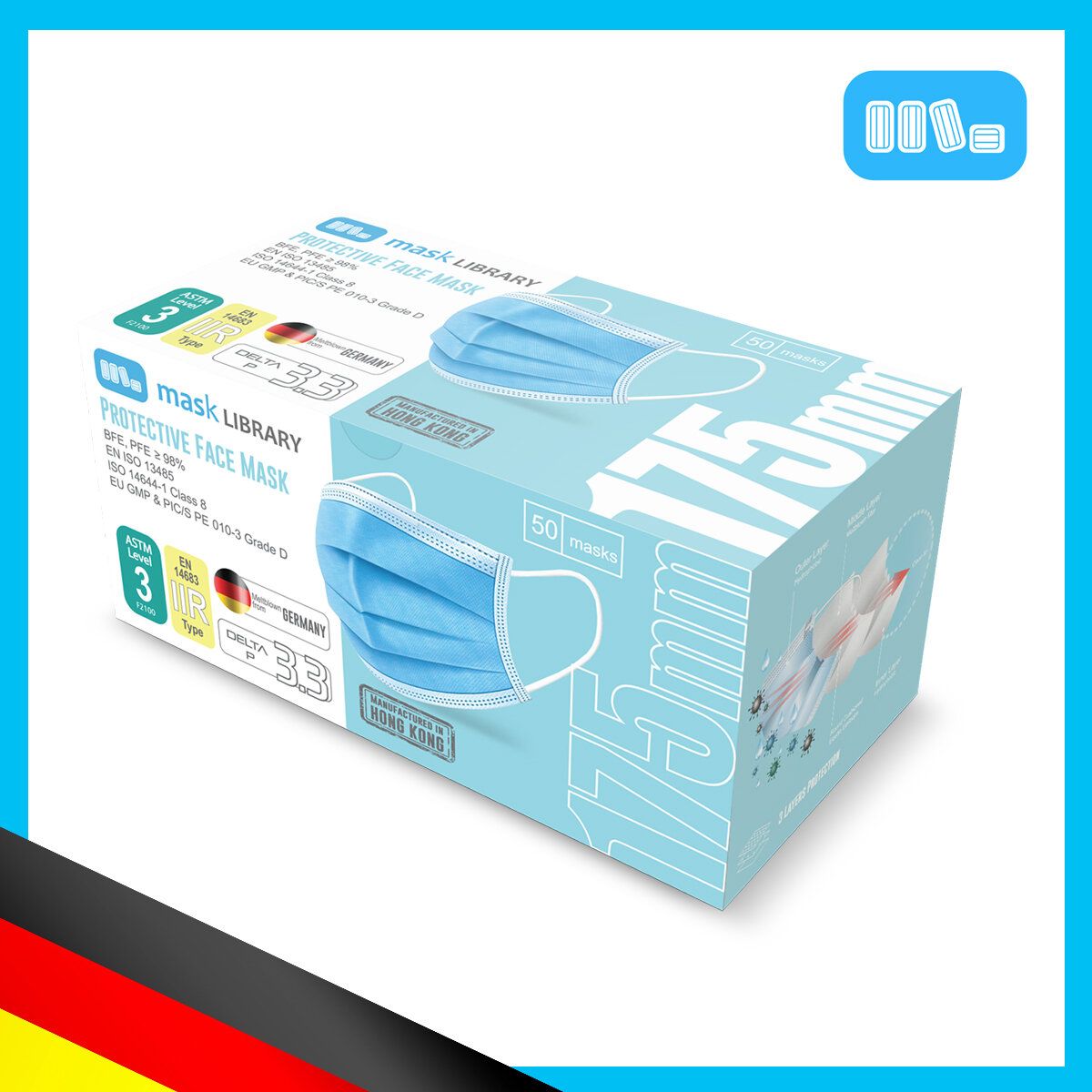 mask LIBRARY | MASK LIBRARY LEVEL 3 成人口罩 50 個一盒 ASTM LEVEL3 175mm 2D ...