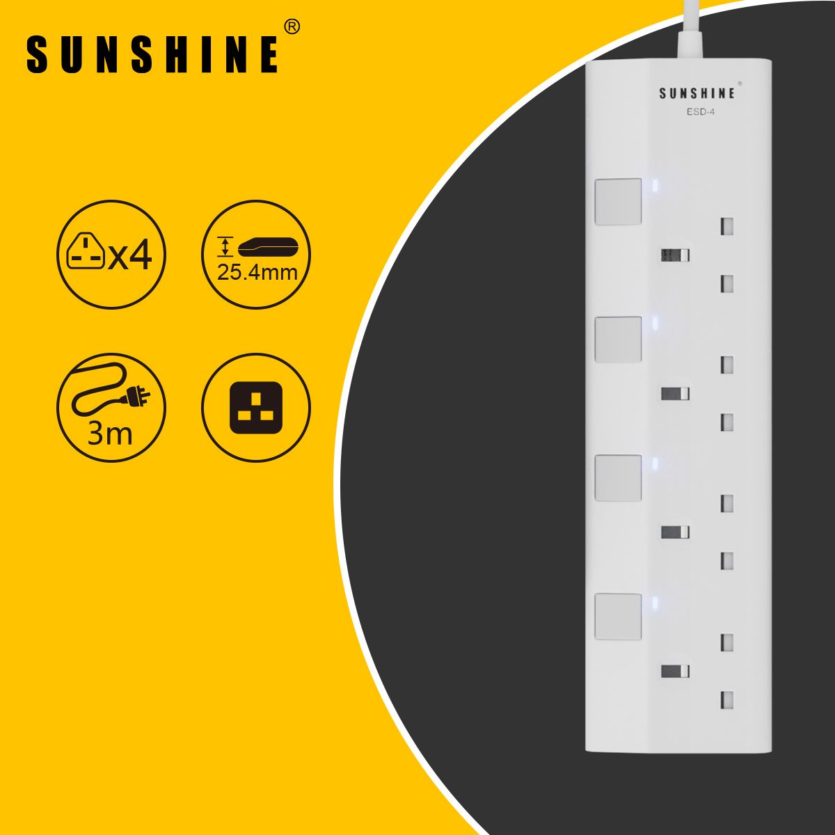 SUNSHINE | (ESD-4) 13A 4 Gang Switched Extension Socket Power Strip with 3M Cable and Blue ...