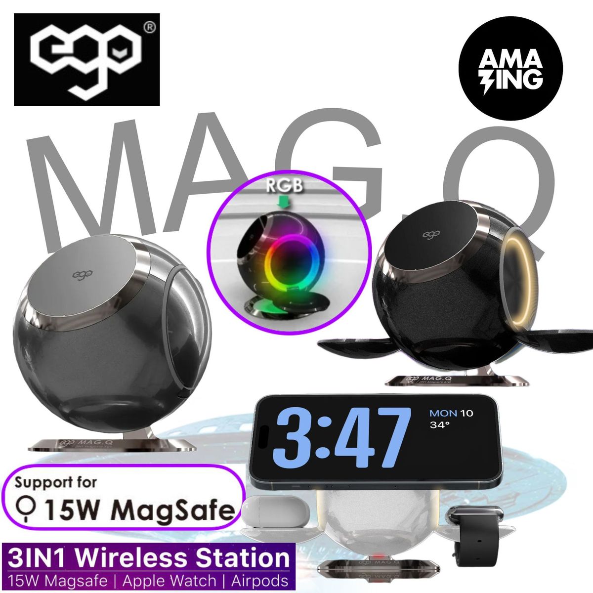 ego | EGO Mag.Q @ 3in1 15W Magsafe BALL 充電座-星空黑 | 顏色 : 黑色 | HKTVmall 香港 ...