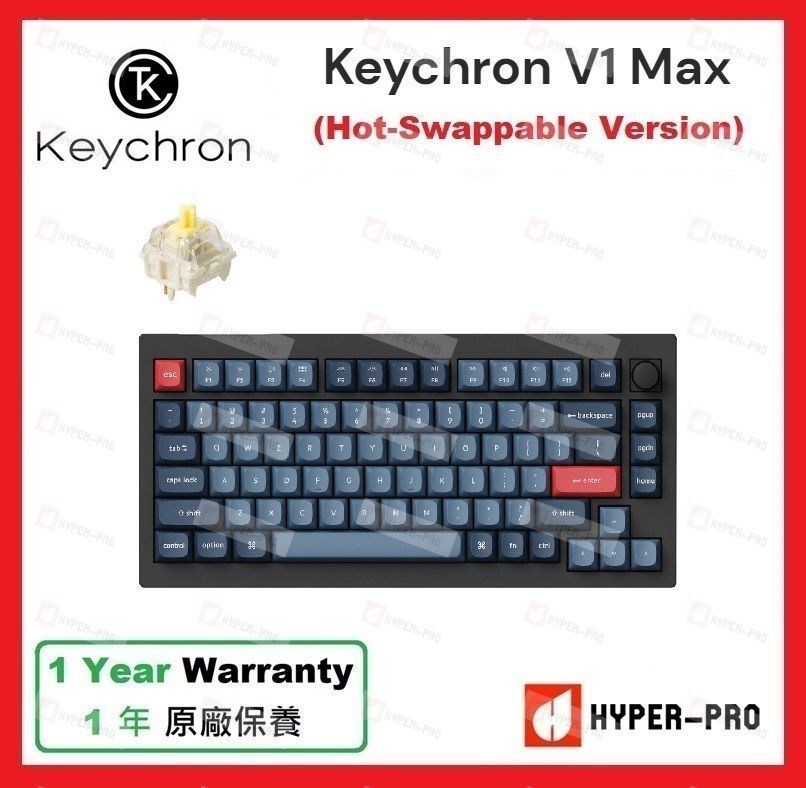 Keychron | V1 Max RGB 背燈 QMK/VIA 無線 機械鍵盤 - 熱插拔 香蕉(黃)軸 | 顏色 : 黑色 | 尺碼 ...