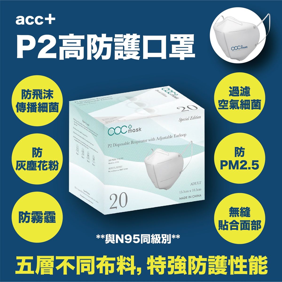 acc+ | P2 Disposable Respirator with Adjustable Earloop (N95 Same Level ...