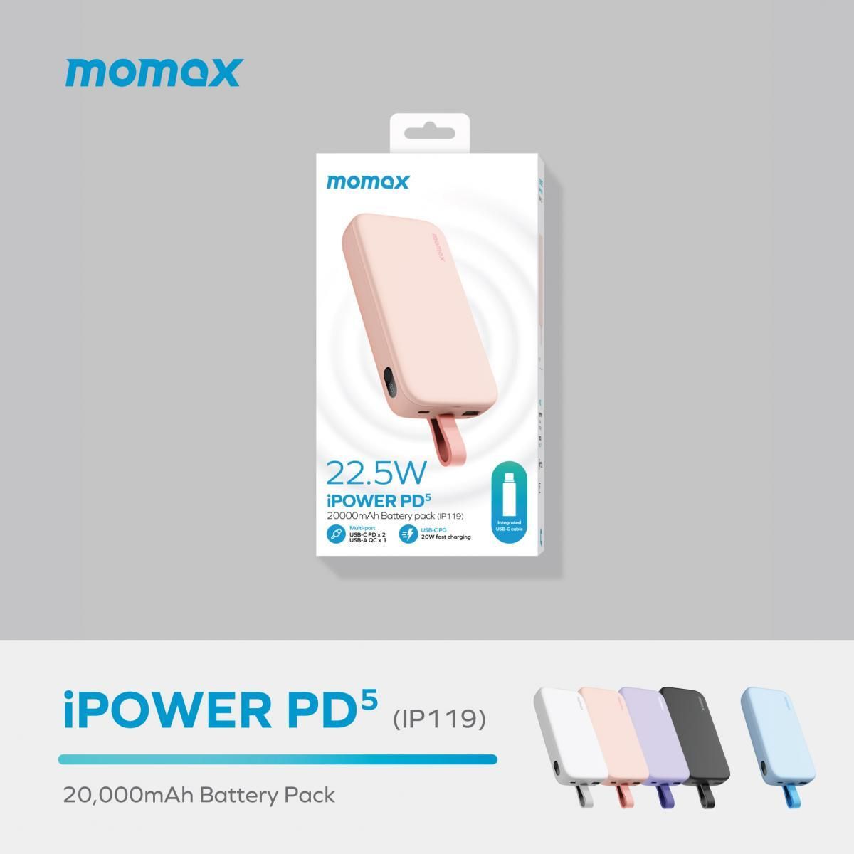 MOMAX | iPower PD 5 20000mAh內置USB-C線流動電源 藍色 IP119B | 顏色 : 淺藍 | HKTVmall ...