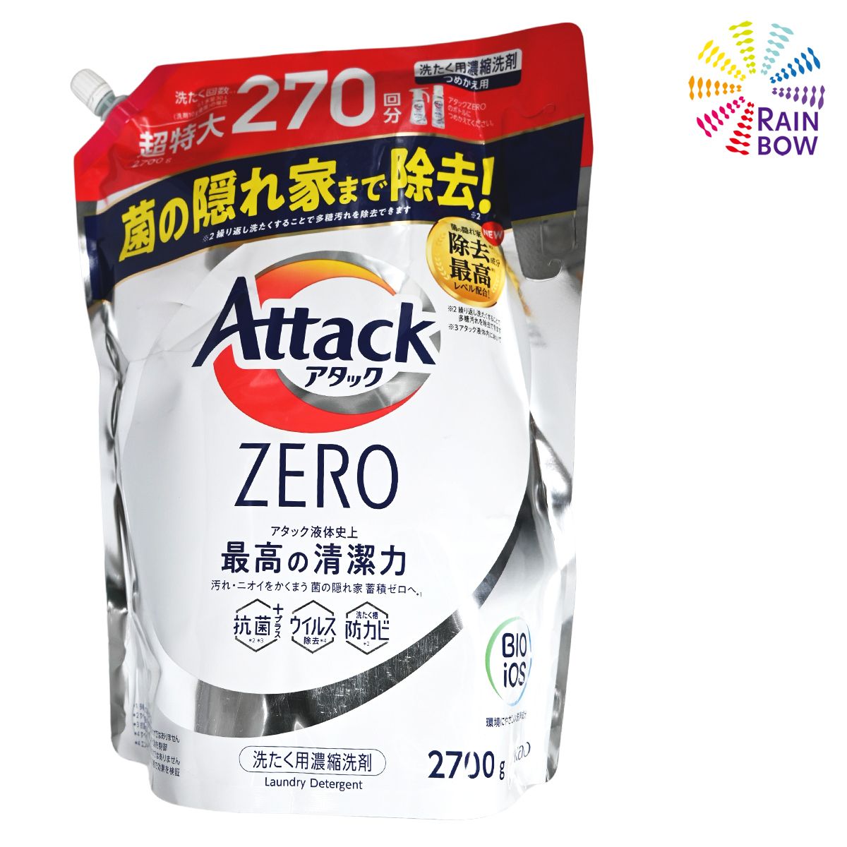 花王 | KAO - Attack ZERO潔霸 單手按壓式 抗菌除臭濃縮洗衣液- 室內防噏臭2700g[特大補充裝](17411)(平行進口) | HKTVmall 香港最大網購平台