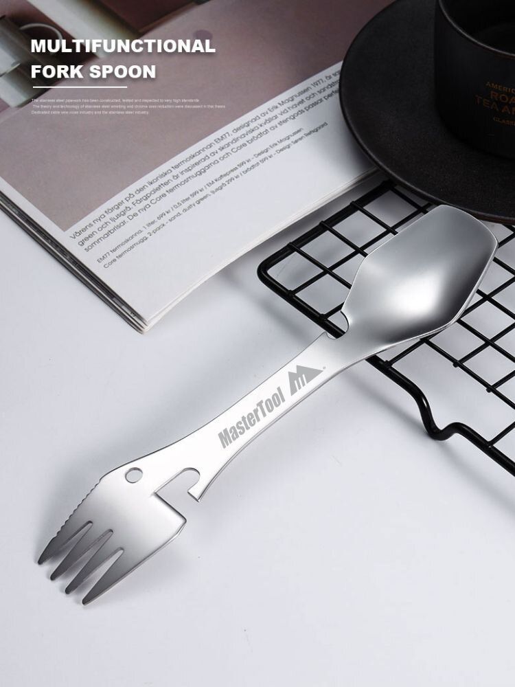 MasterTool | 5合1不銹鋼多功能工具，刀叉勺 開瓶器 開罐器 戶外便攜不銹鋼餐具, 2個裝(不銹鋼色及槍色) | HKTVmall 香港最大網購平台