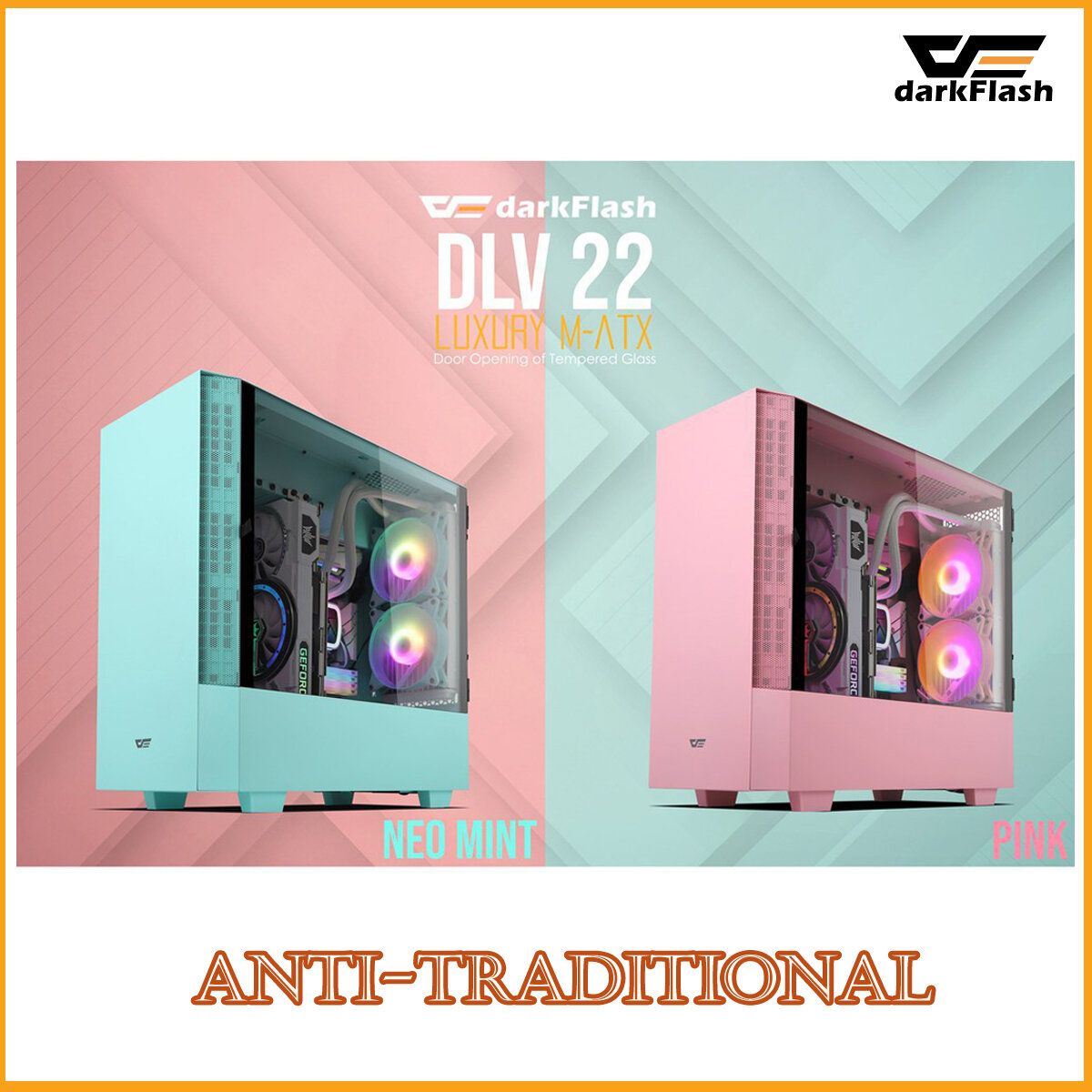 darkFlash | DLV22 ATX Luxury Middle Tower [綠色] 反傳統 - 右邊玻璃門, 倒吊顯示咭 型格機箱 送 RGB Fan*2 | 顏色 : 綠色 ...