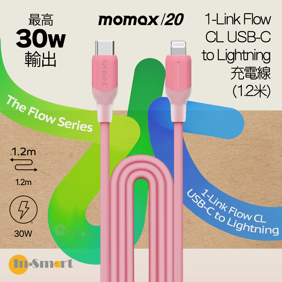 MOMAX | 1-Link Flow CL USB-C to Lightning 快充 充電線 (1.2米) - 粉紅色 | HKTVmall 香港最大網購平台