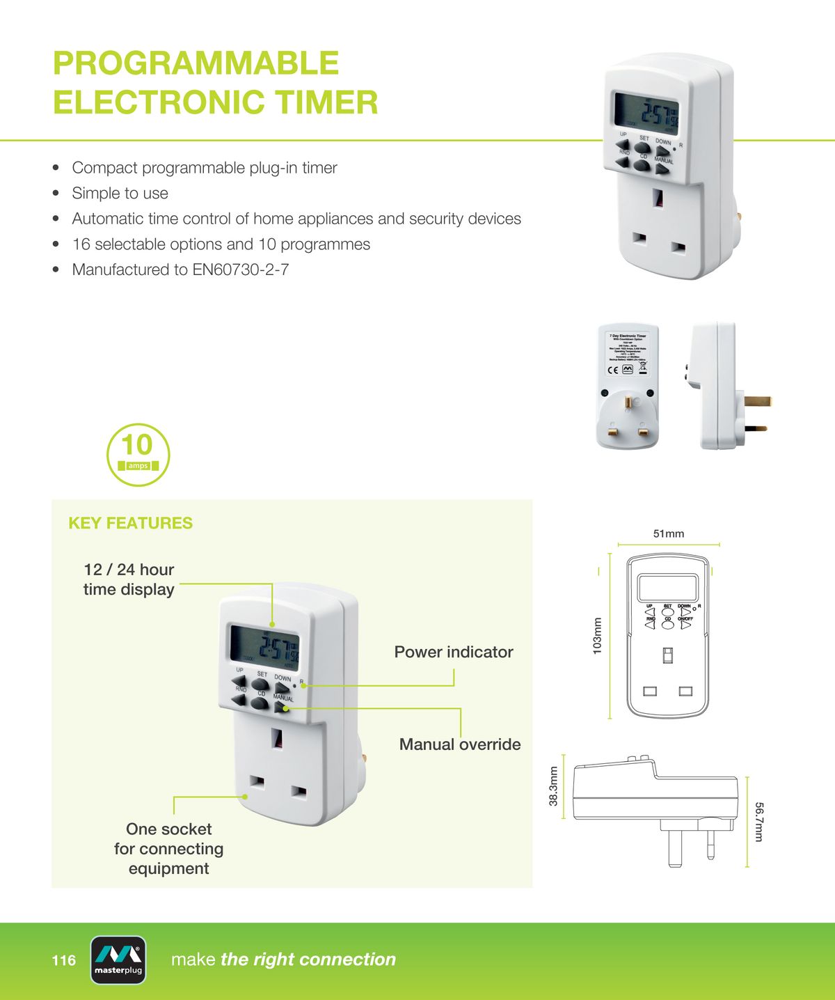 Masterplug | 7天電子定時計時器 (1位13A插座) 可接室內電器 - 16個選項和10個程序可選 自設電源開啟或斷電時間 ...