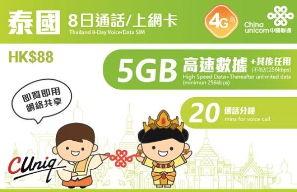 中國聯通 | 泰國8天 4G/3G 無限上網卡數據卡Sim咭 (首5GB高速數據)[H20] | HKTVmall 香港最大網購平台