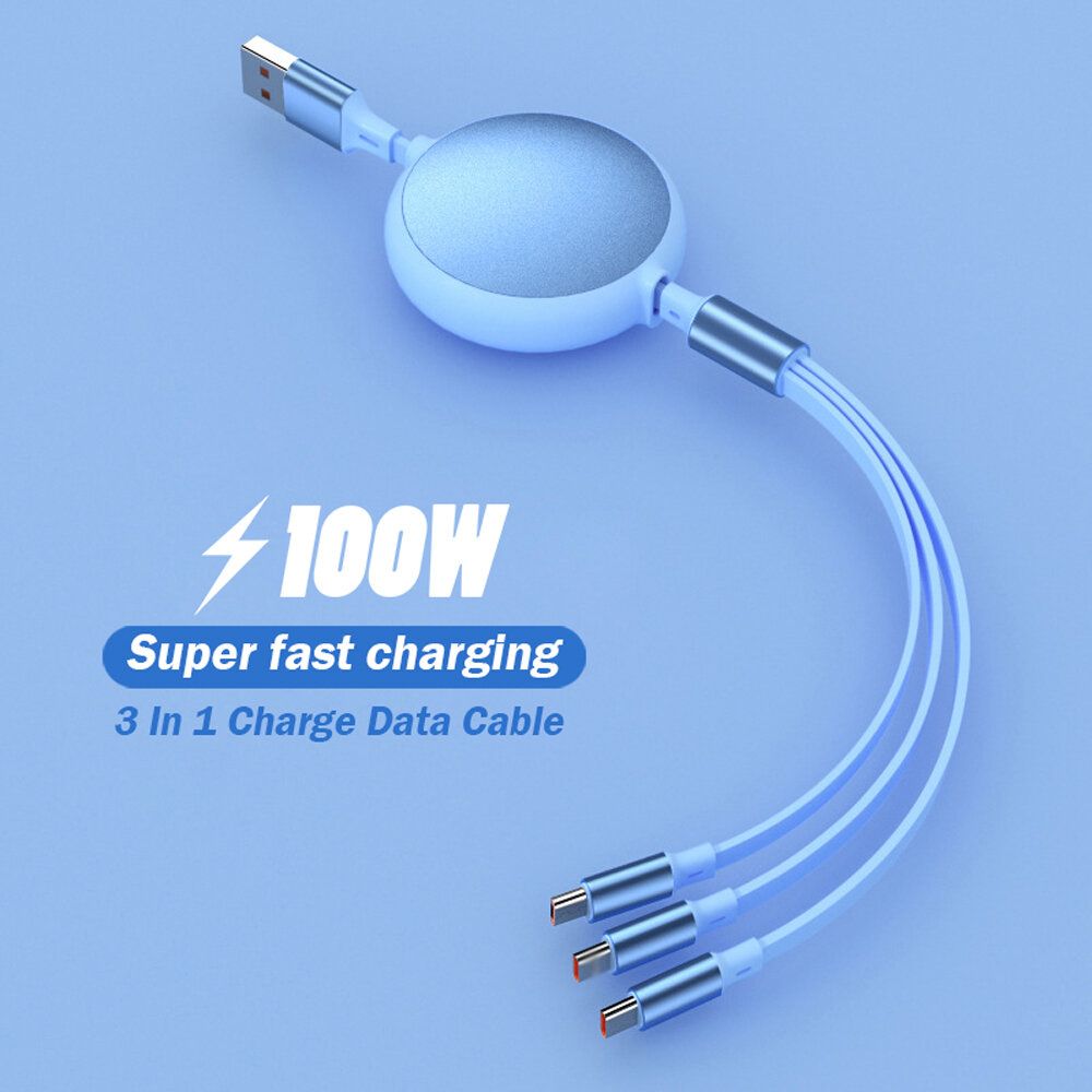 屯團百貨 | 藍色 100W 100W 1.2米 鋁殼伸縮一拖三高速快充數據線 IOS Type-C Micro 三合一快充線[平行進口] | 顏色 : 藍色 | HKTVmall 香港最大網購平台