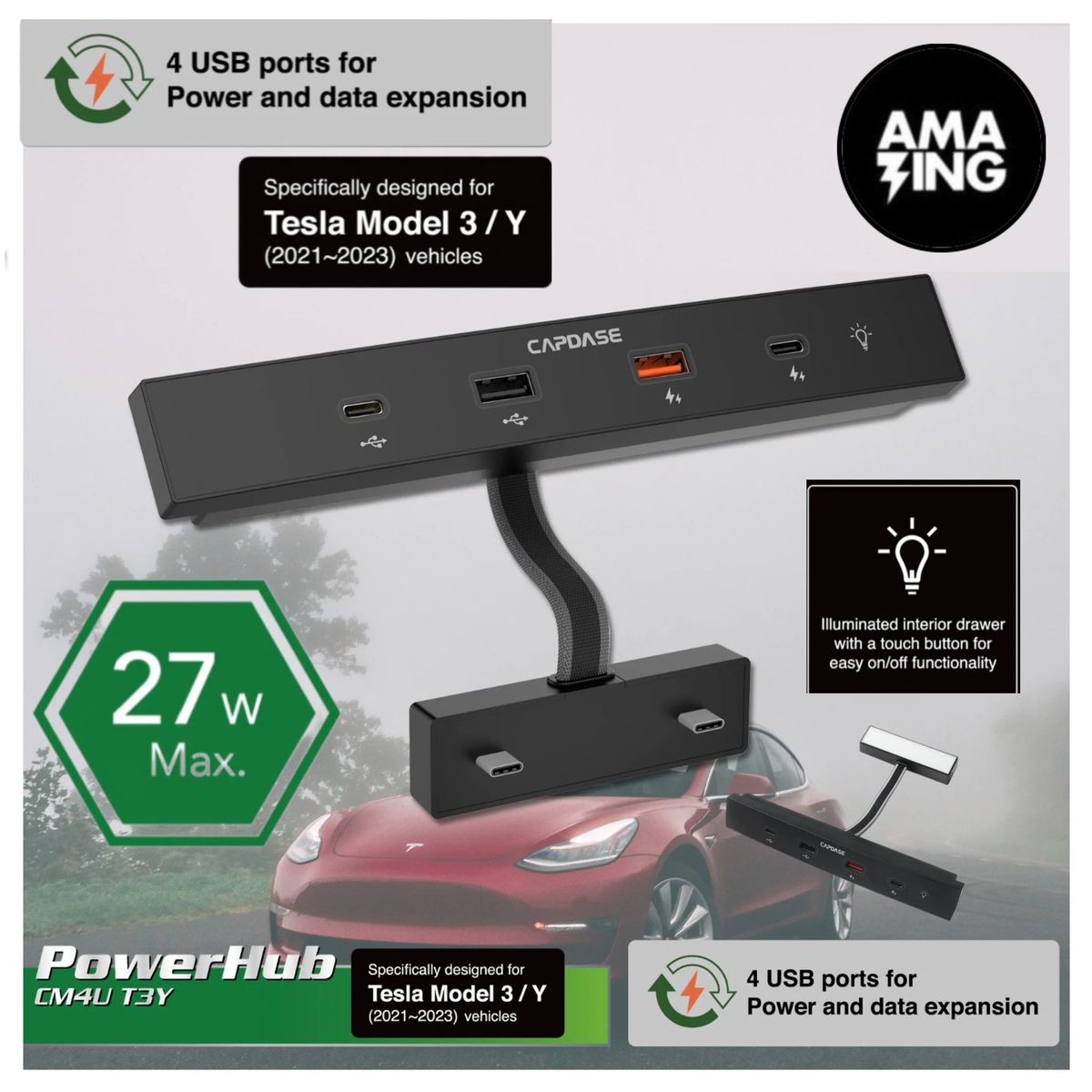 CAPDASE | PowerHub CM4U-T3Y 汽車 USB 集線器專為 Tesla Model 3 和 Model Y 車輛 ...