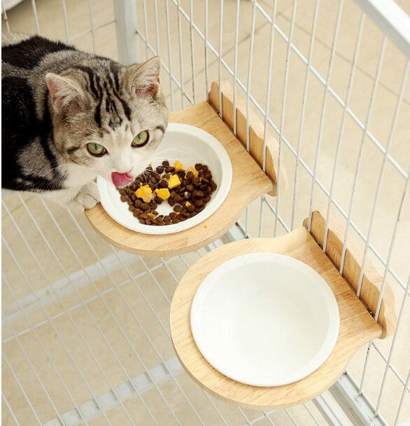 DDS | 陶瓷貓狗籠內實木框架防打翻掛碗(貓頭雙碗）#DDS | HKTVmall 香港最大網購平台
