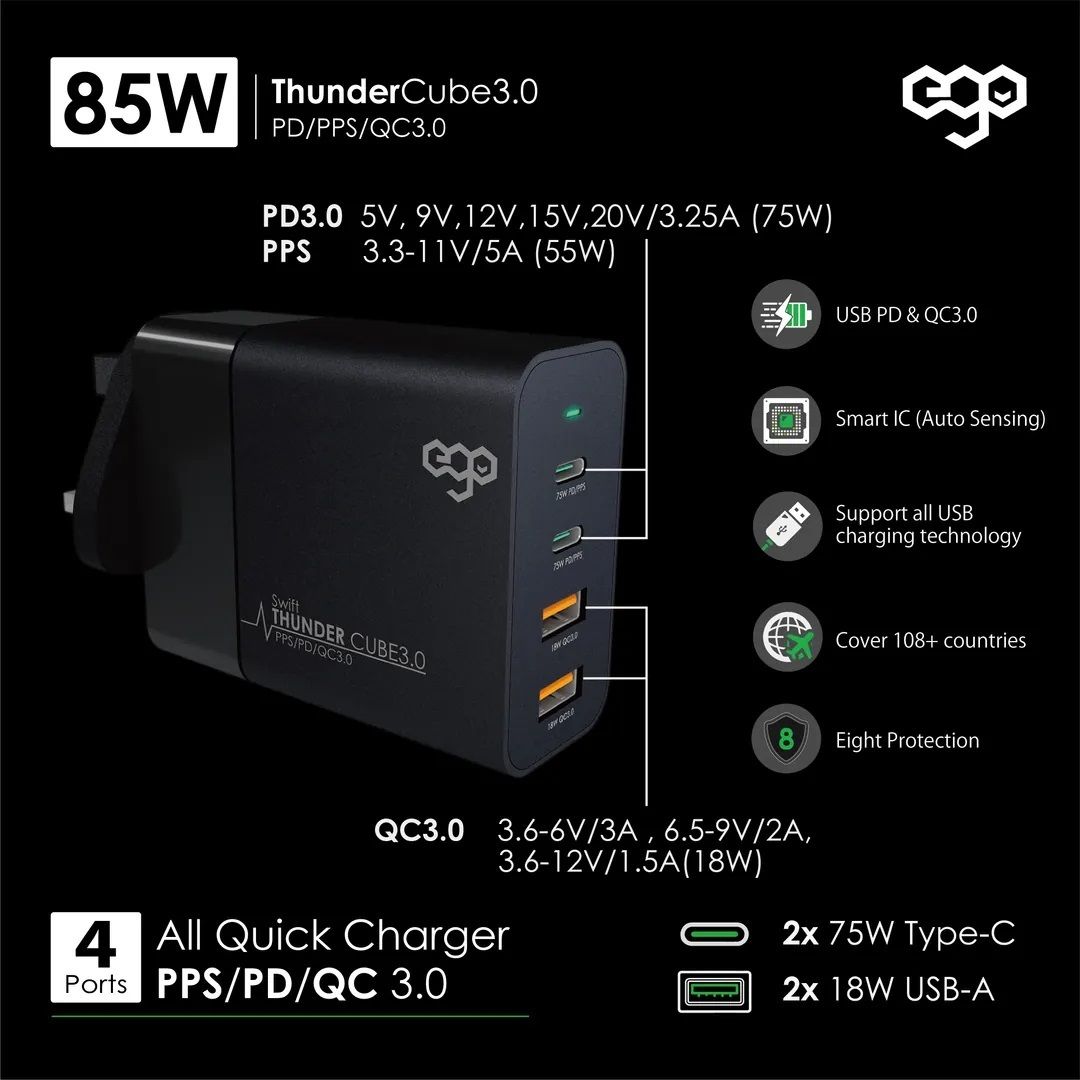 ego | EGO (黑色) A2006 85W USB充電器 Thunder Cube 3.0 4洞 高速充電 叉電器 迷你叉電器 快充 2Type-C 2USB PPS/PD/QC ...
