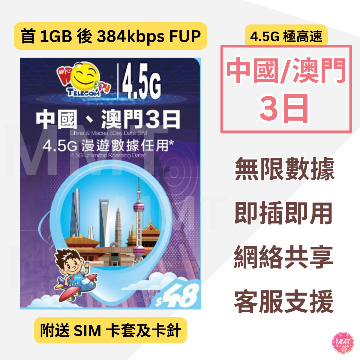 中國聯通 | 中國內地/ 大陸、澳門【3日 1GB FUP】4.5G高速數據上網卡 電話卡 旅行卡 數據卡 Data Sim咭(可連接各大社交平台及香港網站) | HKTVmall 香港最大網購平台