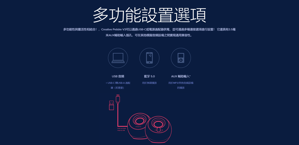 CREATIVE | 榮獲PCM Best Performance Model 2.0 USB-C 音箱 藍牙 5.0 - Pebble V3 (黑) | 顏色 : 深黑色 ...
