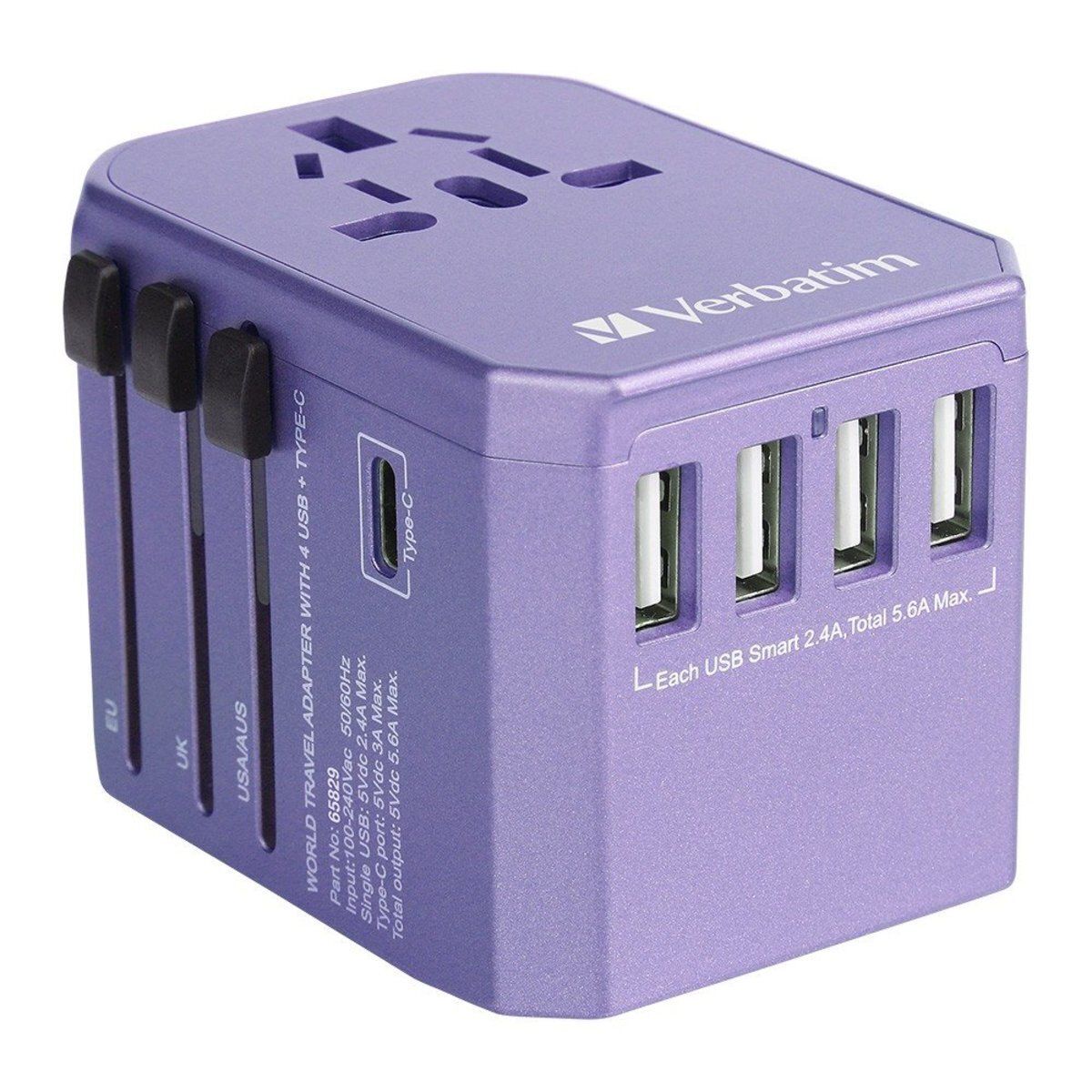 威寶 | verbatim 5 Ports 5.6A 萬用旅行充電器USB *4 + Type C 黑色通用旅行適配器 Universal ...
