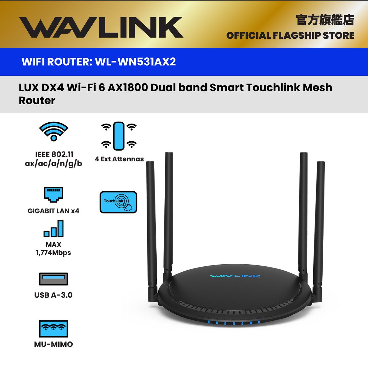 WAVLINK | WiFi 6 AX1800 EasyMesh WiFi MU-MIMO 雙頻無線 WiFi AX 路由器 配備 ...