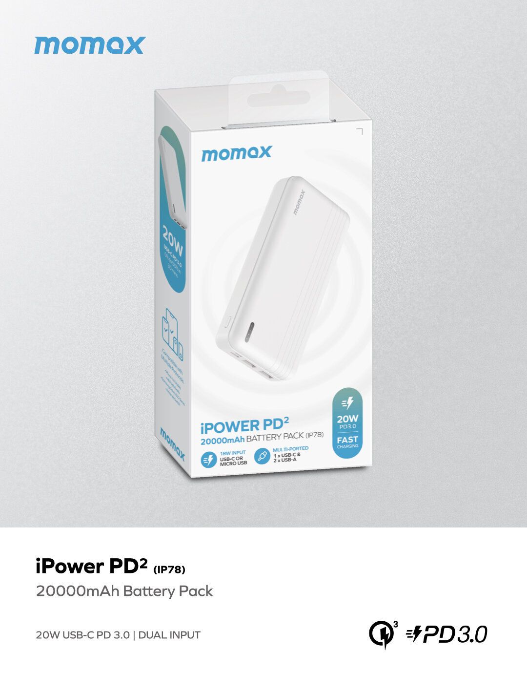 MOMAX | iPower PD 快充流動電源 20000mAh (白色) IP78W | 顏色 : 白色 | HKTVmall 香港最大網購平台