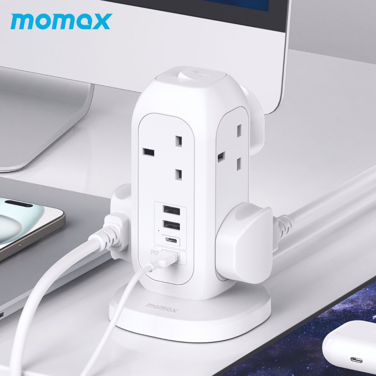 MOMAX | 1-Plug PD20W 2A2C(PD20W USB-C+快充USB-A) 7插位拖板 慳位直立式拖板 (白色 ...